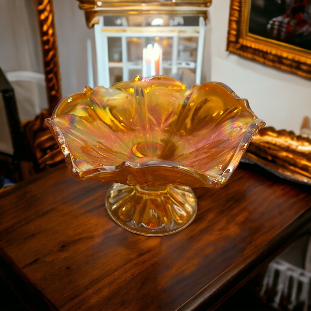 1970s Vintage Carnival Glass Dish 1970s Vintage Carnival Glass Footed ...