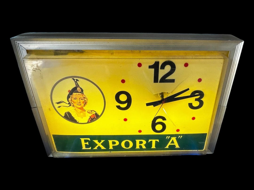 Vintage Canadian Export a Green, Clock Lamp Advertising Sign ...