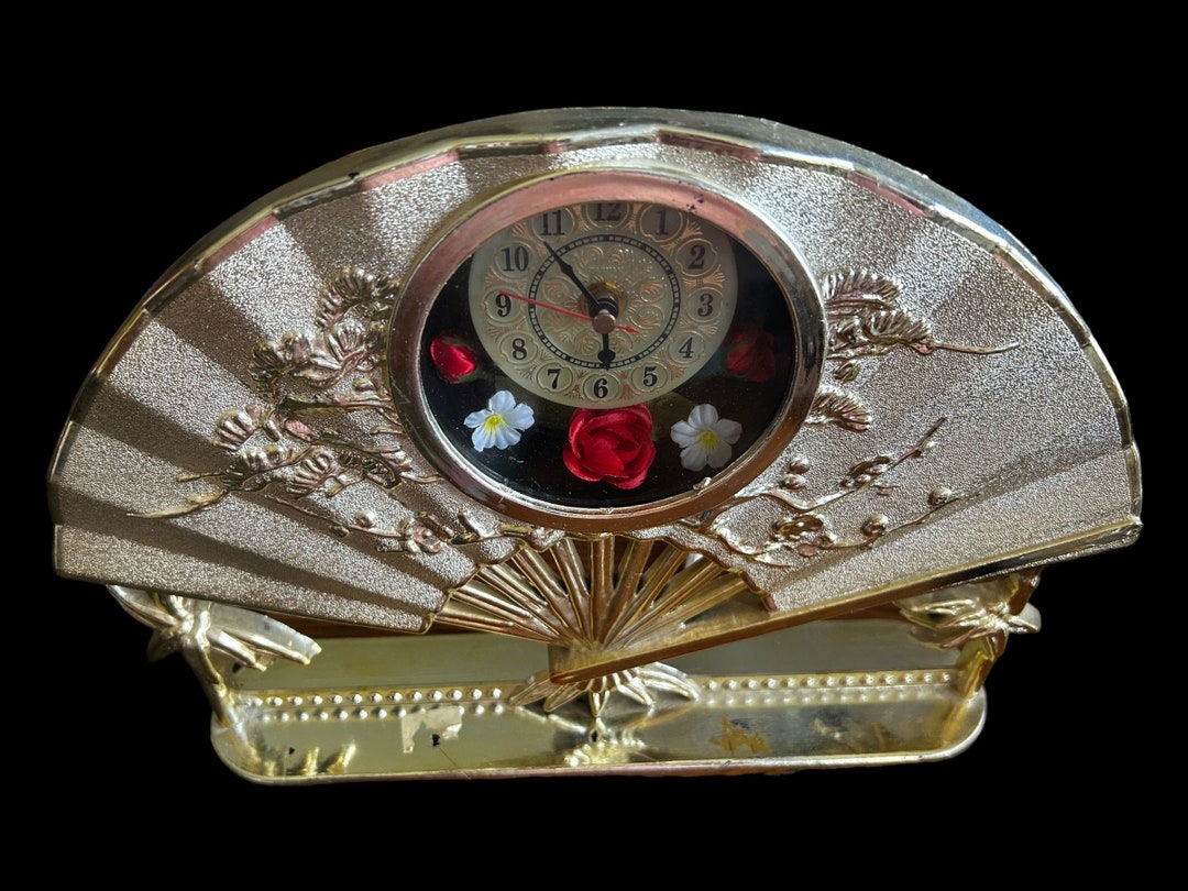 Vintage Early 1990's Gold Asian Fan Table Clock With Flowers 14x11 - Etsy