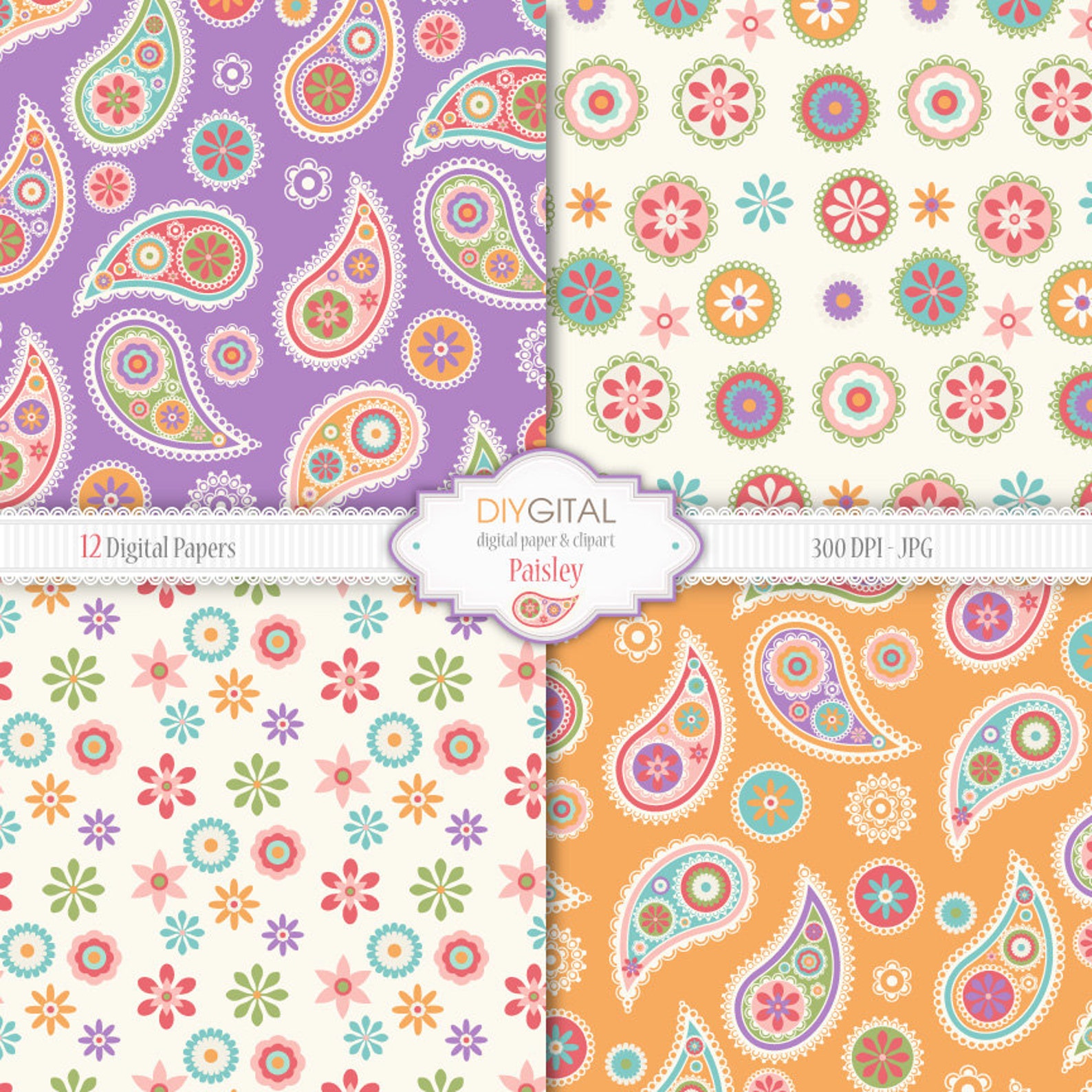 Paisley Digital Paper Set 12 Paisley Backgrounds in Colorful - Etsy