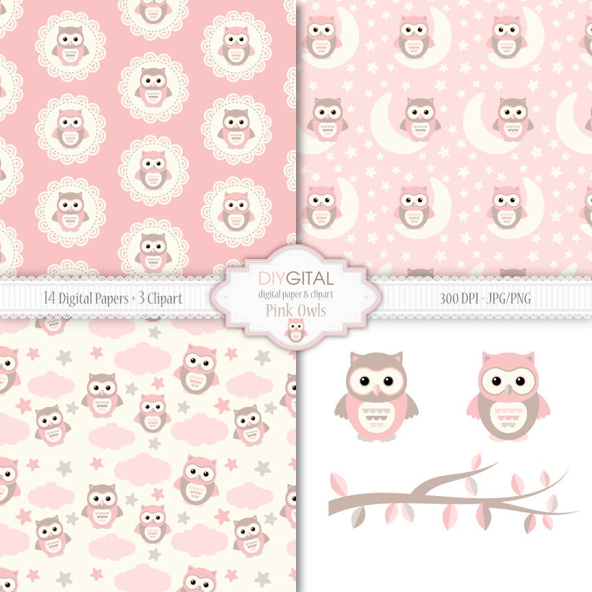 Pink Owls Baby Girl Digital Paper Set-three Clipart | Etsy