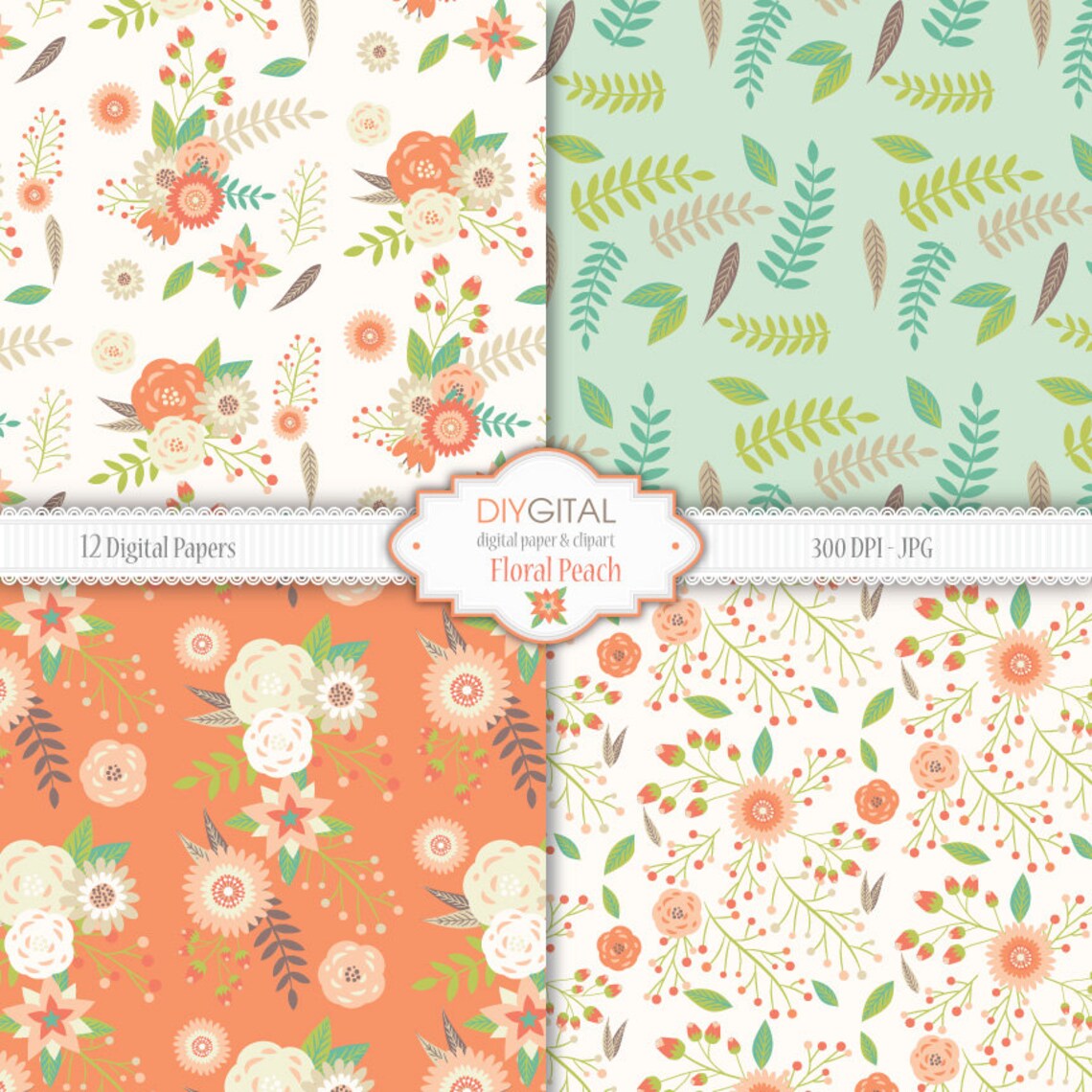 Floral Digital Paper floral Peach Mint and Peach - Etsy