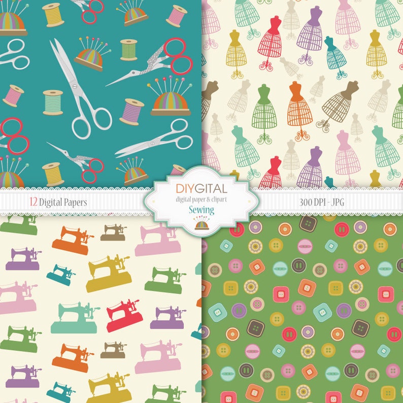 Sewing Digital Paper Set Set 12 Digital Papers Vintage | Etsy