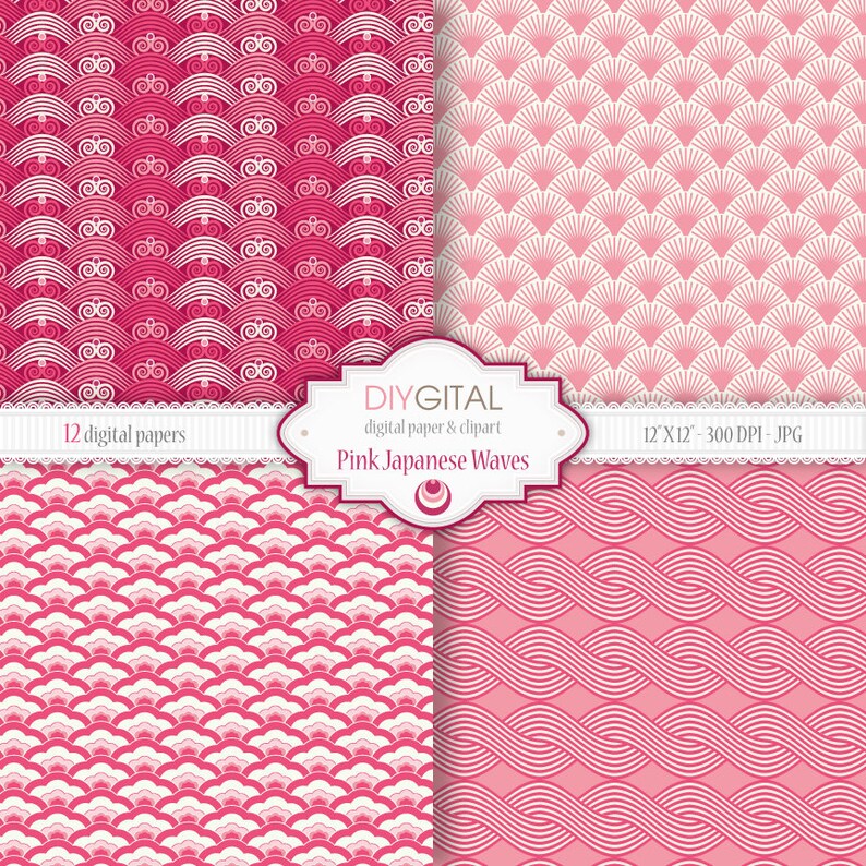 Pink Japanese Waves Digital Paper Set 12 Printable Digital - Etsy