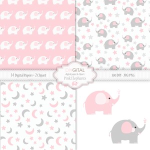 Pink Elephants Baby Girl Digital Paper Set-two Clipart Included Pink ...