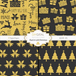 Black and Gold Christmas Digital Papers With Christmas - Etsy