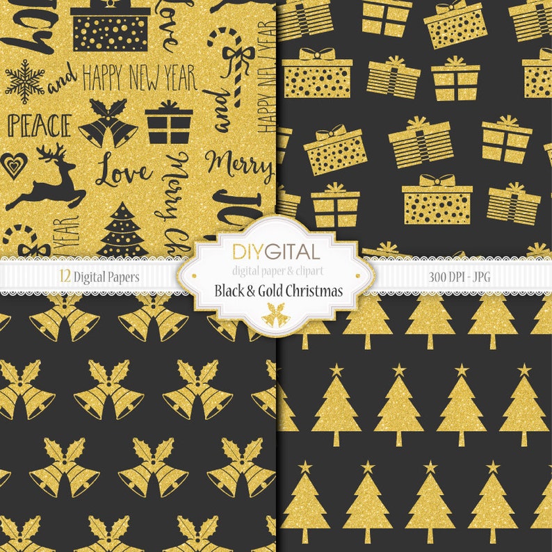 Black and Gold Christmas Digital Papers With Christmas | Etsy