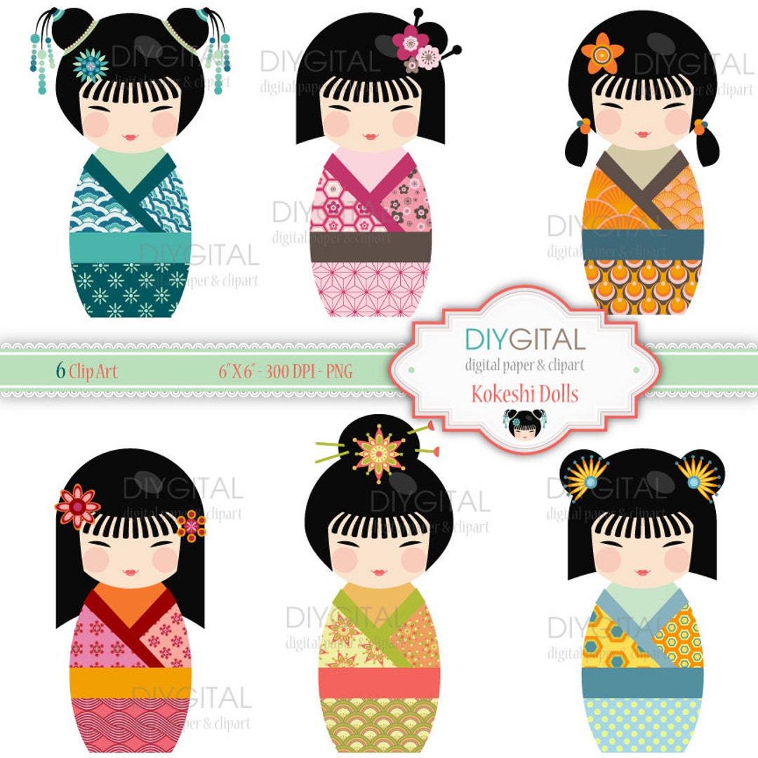Kokeshi Dolls Clip Art Set 6 Printable Cliparts for Scrapbooking, Cards ...