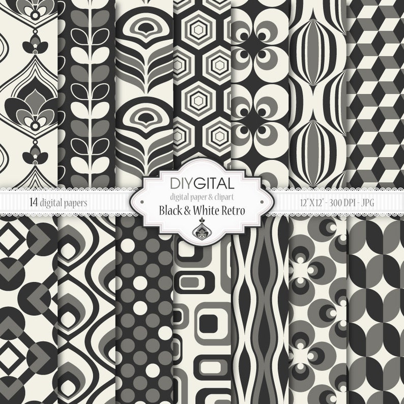 Black & White Retro Digital Papers Retro Patterns 14 | Etsy