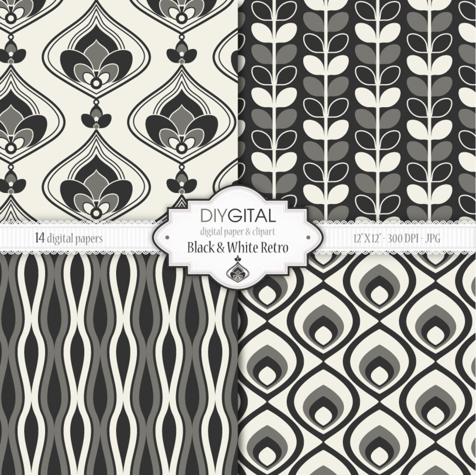 Black & White Retro Digital Papers Retro Patterns 14 - Etsy
