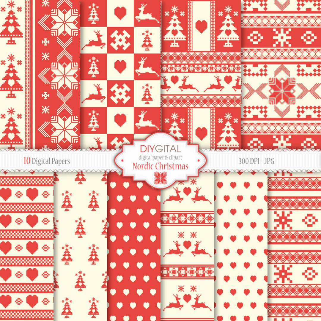 Nordic Christmas Digital Papers Red Nordic Christmas Paper - Etsy Norway