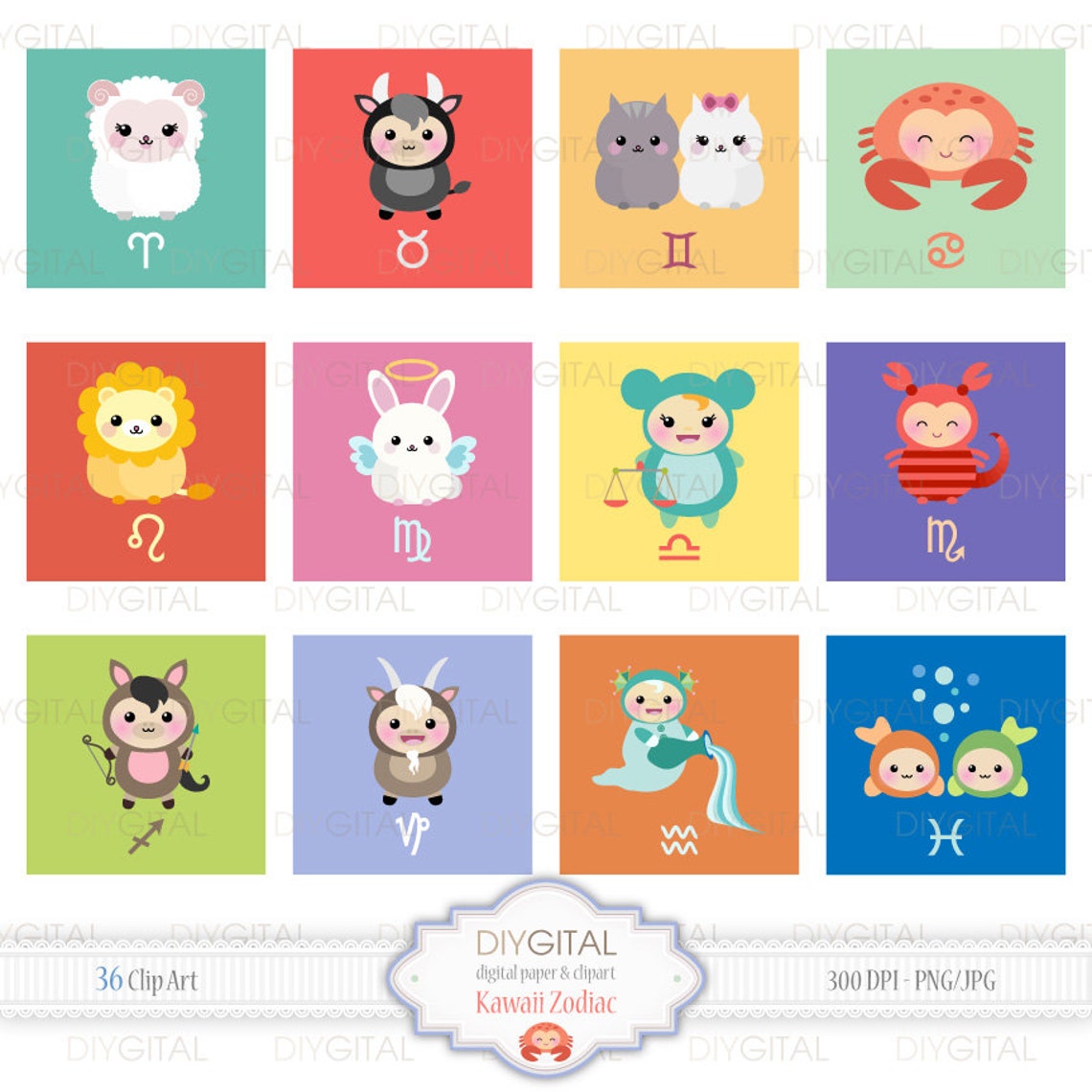Kawaii Zodiac Clip Art Set Kawaii Horoscope 36 Printable - Etsy