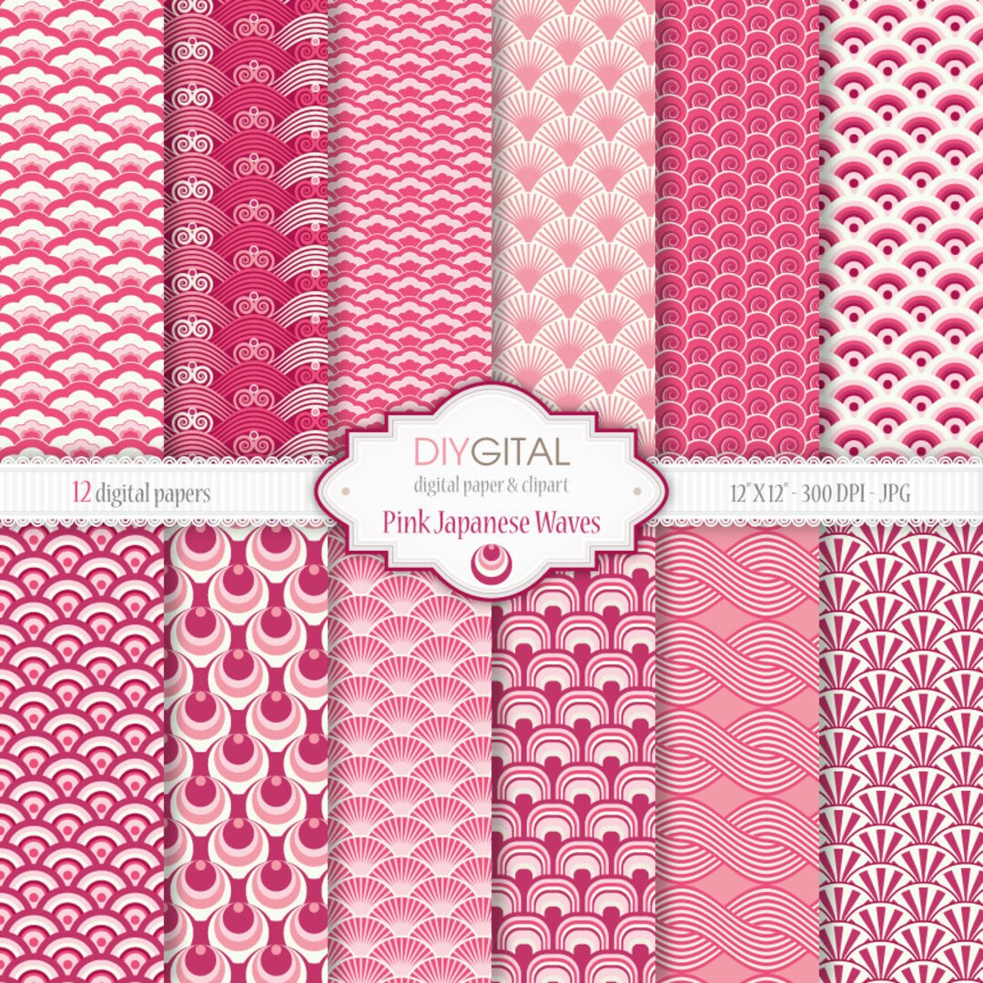 Pink Japanese Waves Digital Paper Set 12 Printable Digital - Etsy