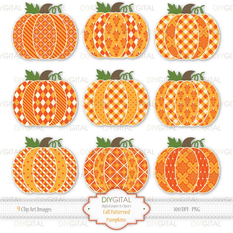 Fall Patterned Pumpkins Clip Art Set 9 Autumn Cottage Chic - Etsy