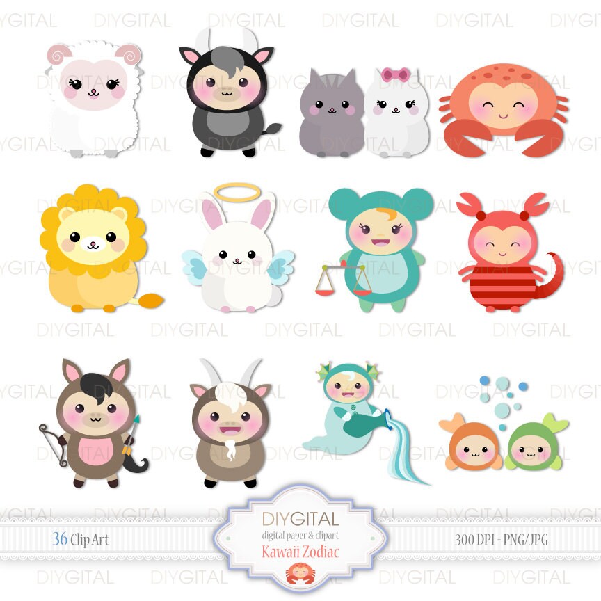Kawaii Zodiac Clip Art Set Kawaii Horoscope 36 Printable - Etsy