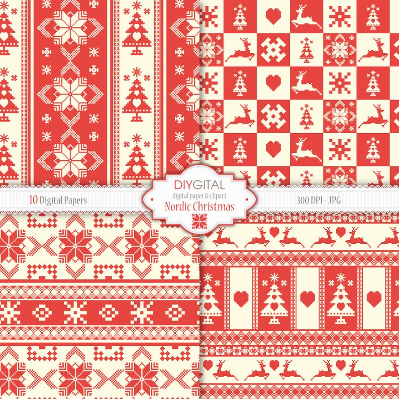 Nordic Christmas Digital Papers Red nordic christmas paper | Etsy