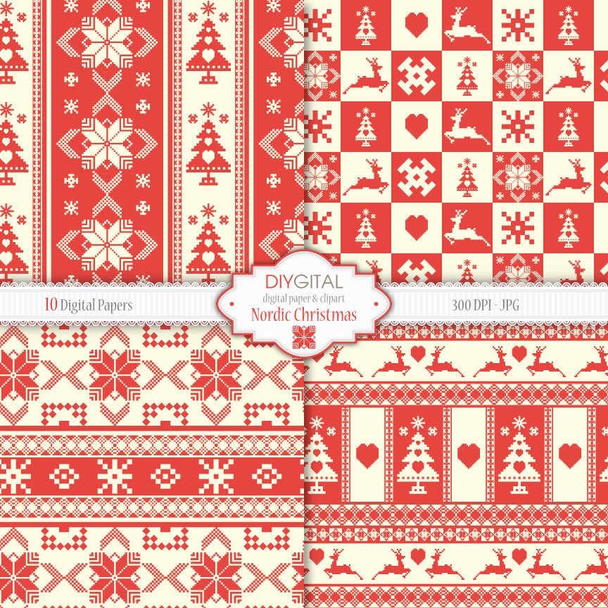 Nordic Christmas Digital Papers Red nordic christmas paper | Etsy