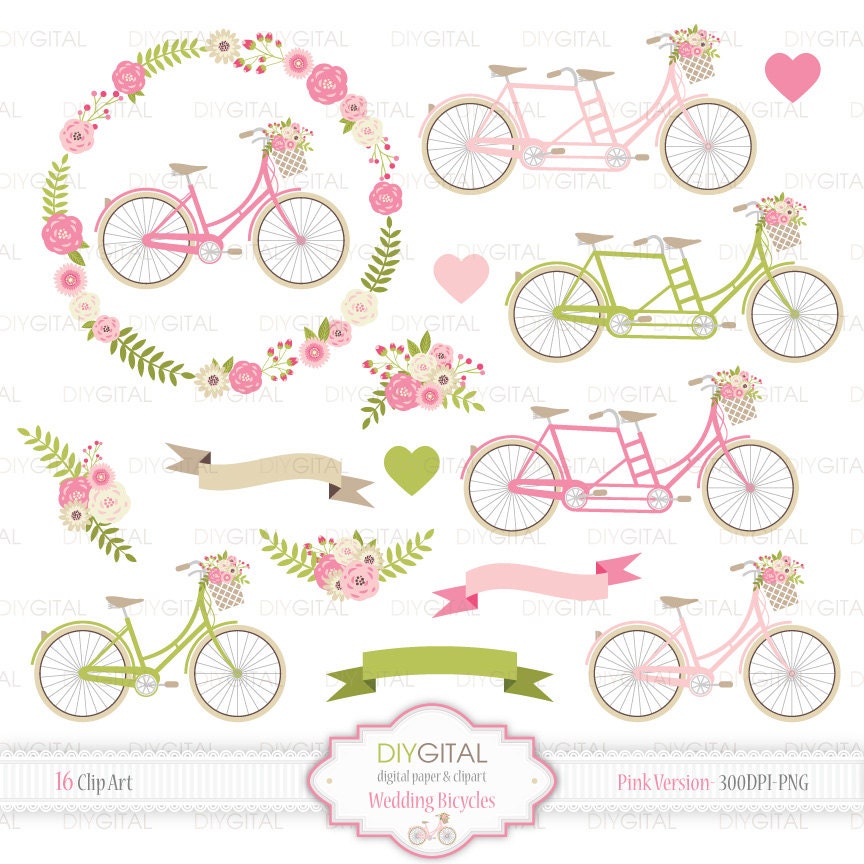 Embellishments Tandem Wedding Invitations Flower Basket Bikes Pink And