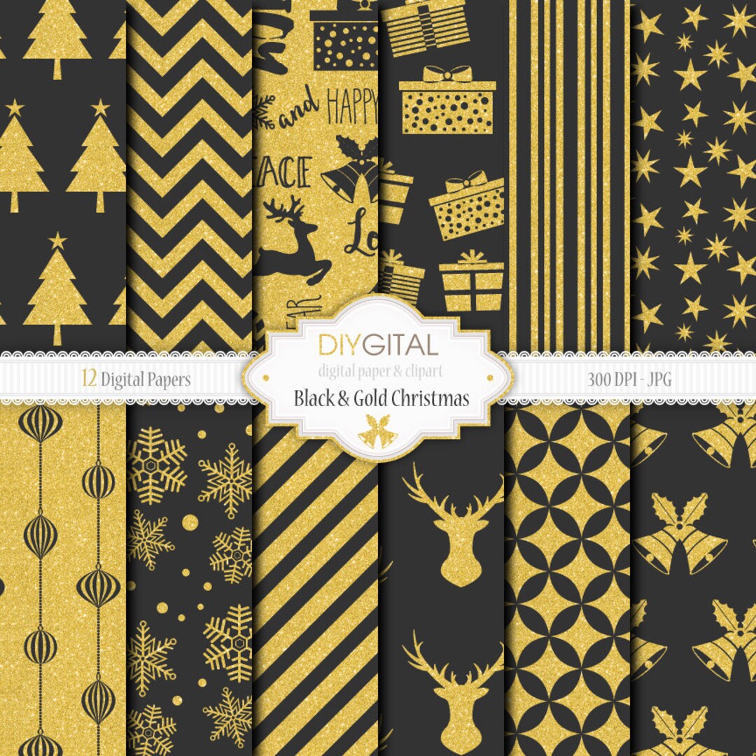 Black and Gold Christmas Digital Papers With Christmas - Etsy