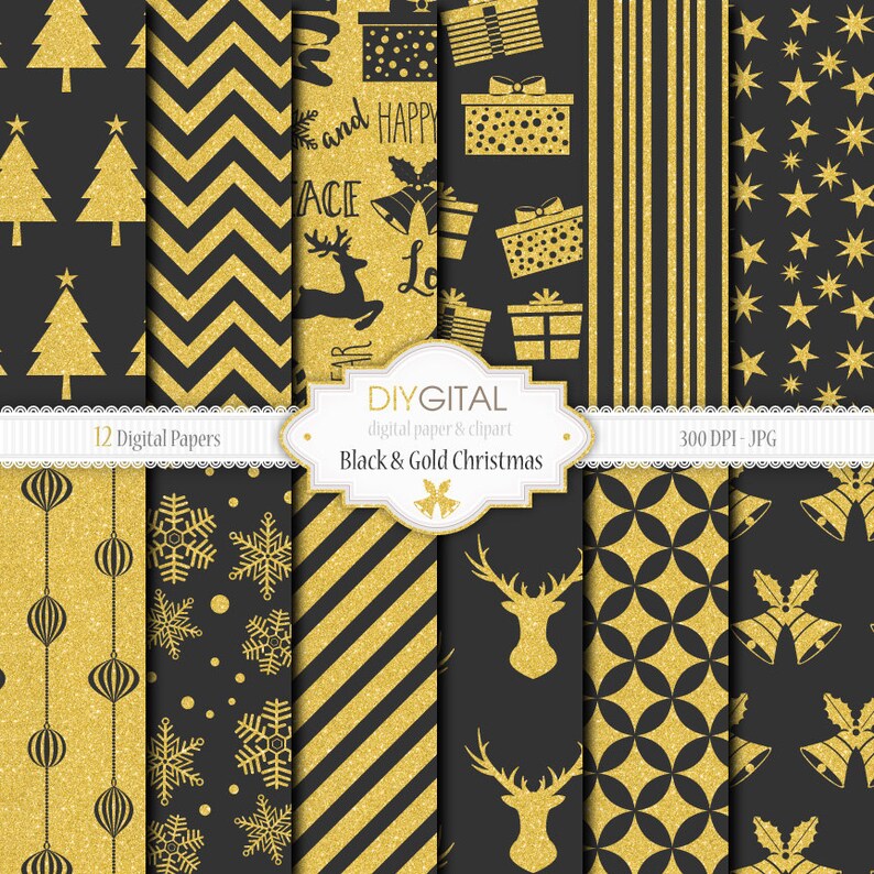 Black and Gold Christmas Digital Papers With Christmas - Etsy