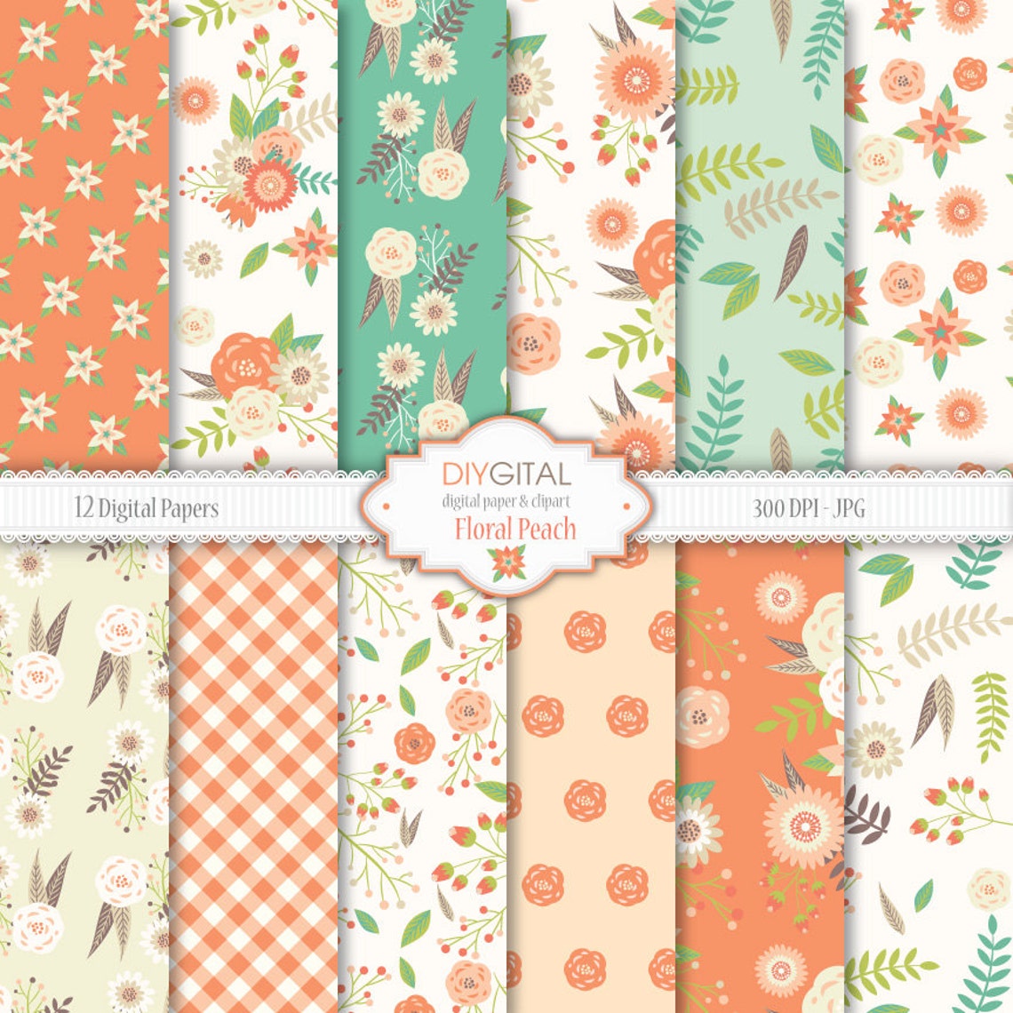 Floral Digital Paper floral Peach Mint and Peach - Etsy
