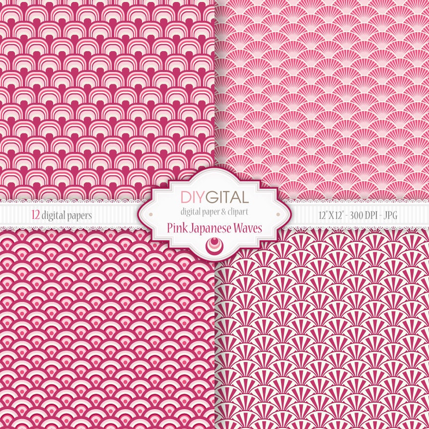 Pink Japanese Waves Digital Paper Set 12 Printable Digital - Etsy