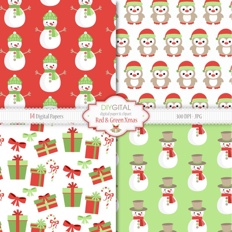 Red and Green Christmas Digital Paper With Snowflakes Trees - Etsy
