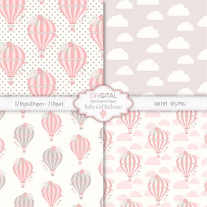 Baby Girl Balloons 12 Soft Pink and Grey Digital Papers With Floral Hot ...
