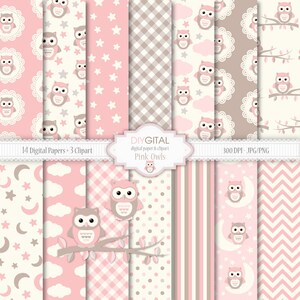 Pink Owls Baby Girl Digital Paper Set-three Clipart Included Pink and ...