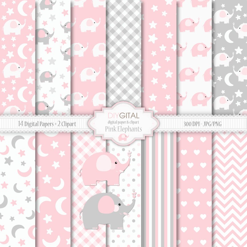 Pink Elephants Baby Girl Digital Paper Set-two Clipart - Etsy