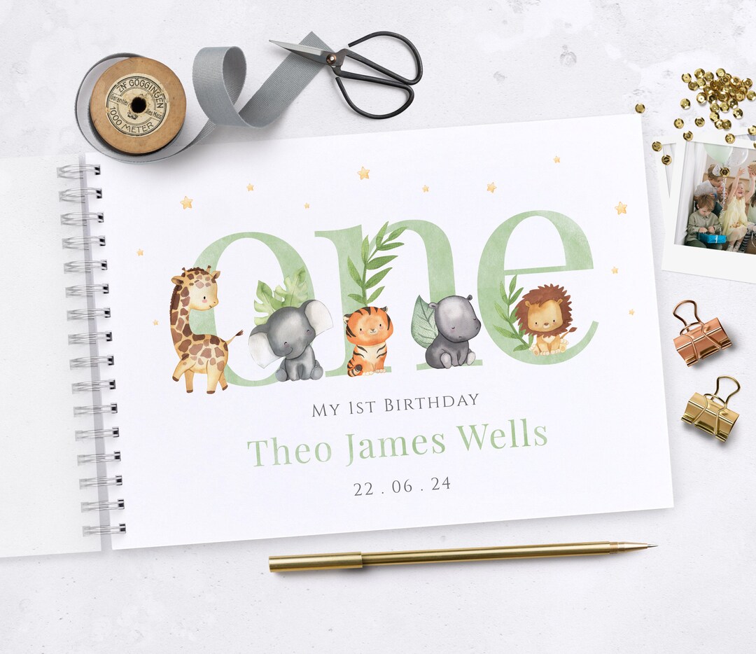 Safari First Birthday Book, 1st Birthday Scrapbook Album, Party Guest ...