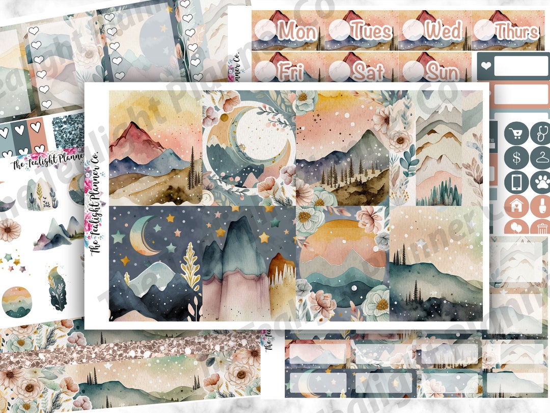Western Sky Planner Sticker Kit, Mountain Stickers, Moon Planner Stickers, Star Planner Stickers ...