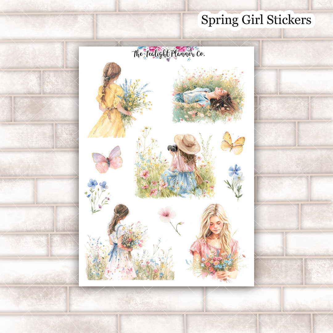 Spring Girl Stickers, Spring Stickers, Floral Stickers, Journal ...
