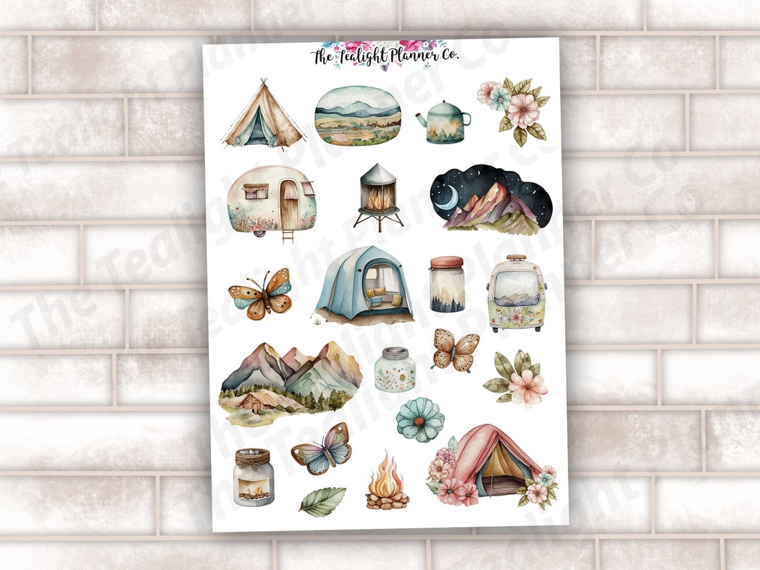 Camping Sticker Sheet, Mountain Stickers, Camping Stickers, Tent ...