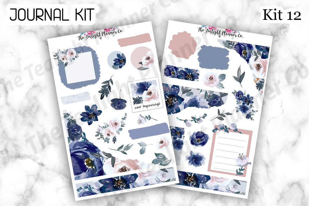 Blue Floral Journal Sticker Kit, Floral Journal Stickers, Journal ...