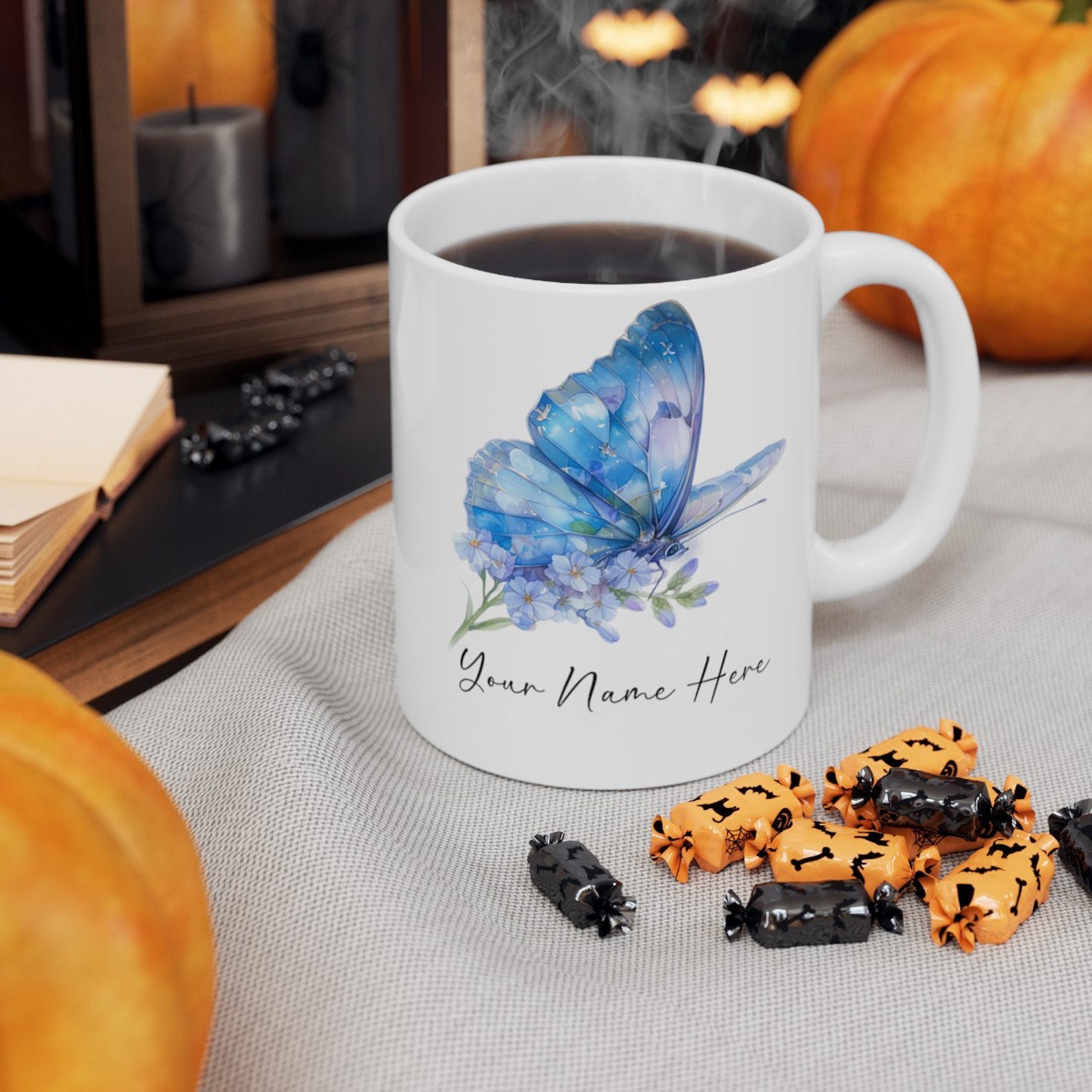 Personalized Blue Butterfly Mug Custom 11oz Floral Design Perfect for ...