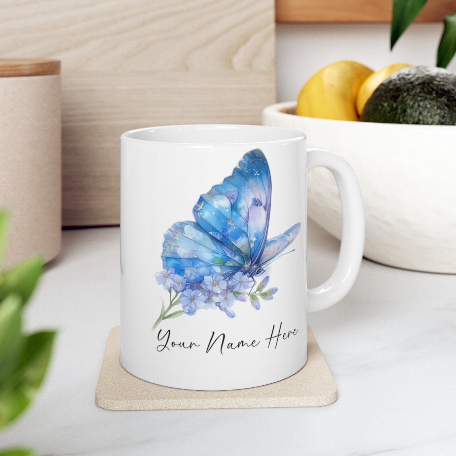 Personalized Blue Butterfly Mug Custom 11oz Floral Design Perfect for ...