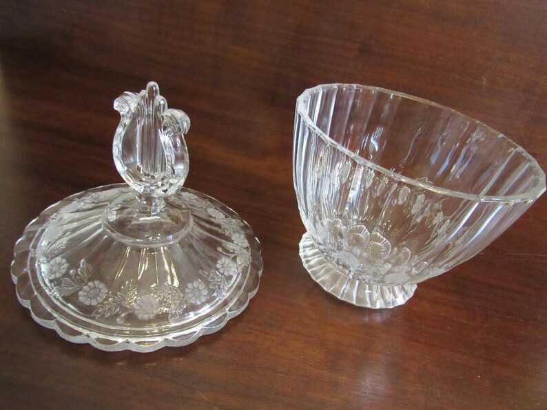 Glass Candy Dish With Harp Finial, Ribbed and Etched, Cut Lid and Base ...