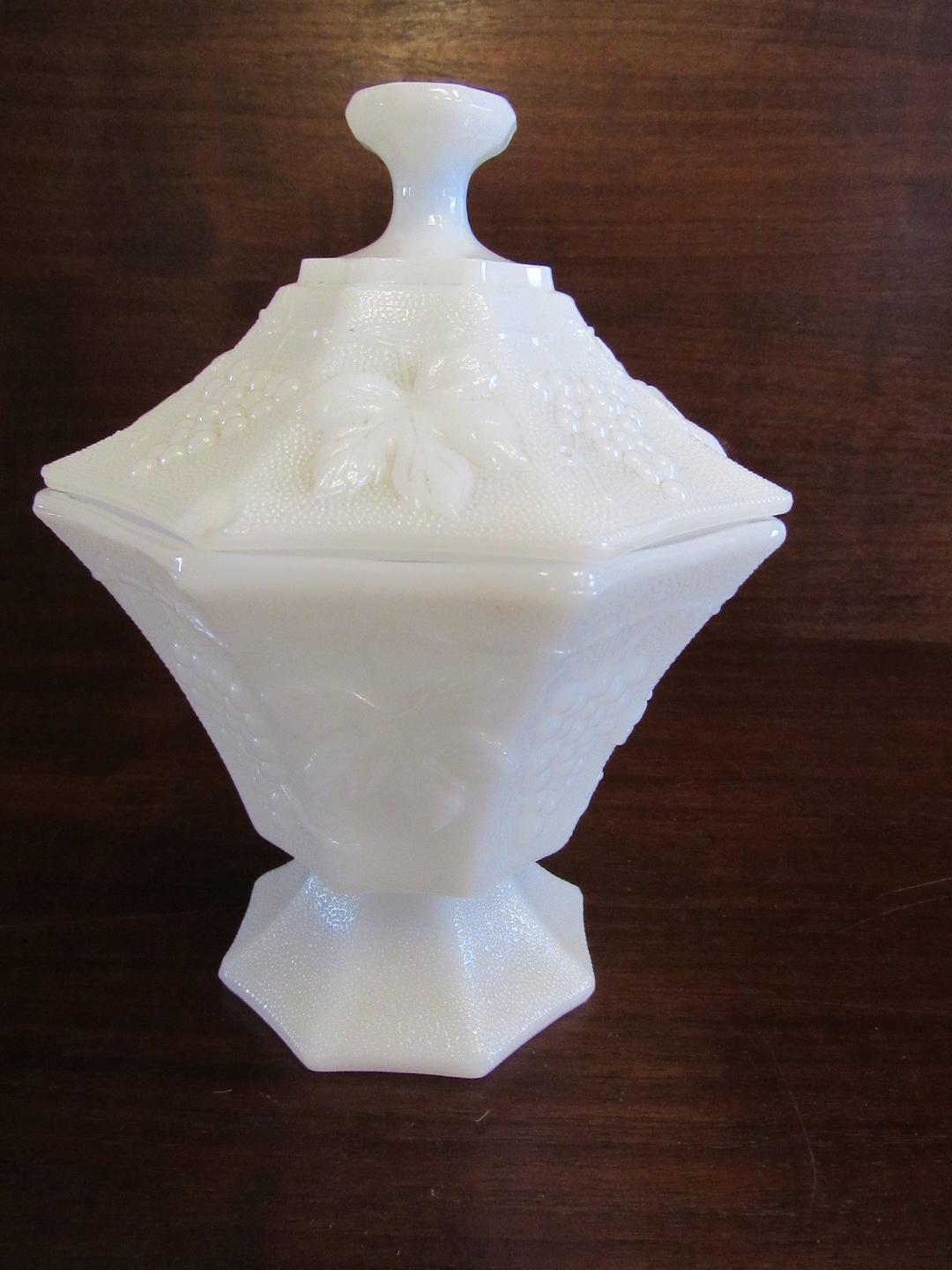 Anchor Hocking Milk Glass Candy Dish, Embossed Grapes and Leaves ...