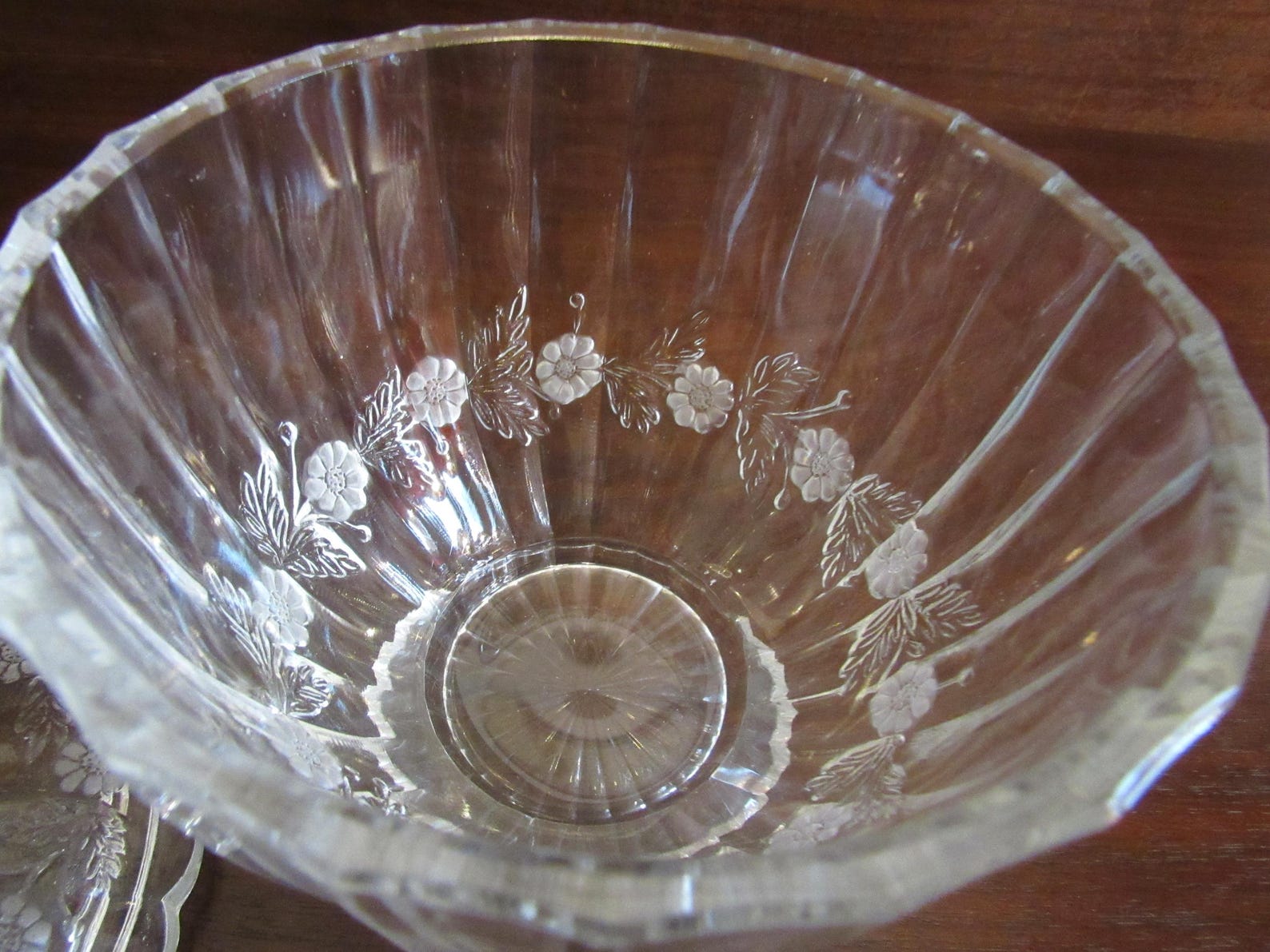 Glass Candy Dish With Harp Finial, Ribbed and Etched and Cut Lid and ...