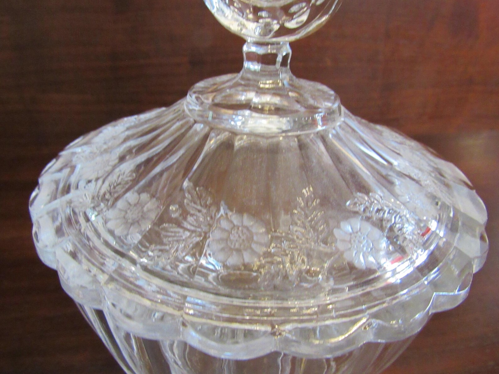 Glass Candy Dish With Harp Finial, Ribbed and Etched and Cut Lid and ...