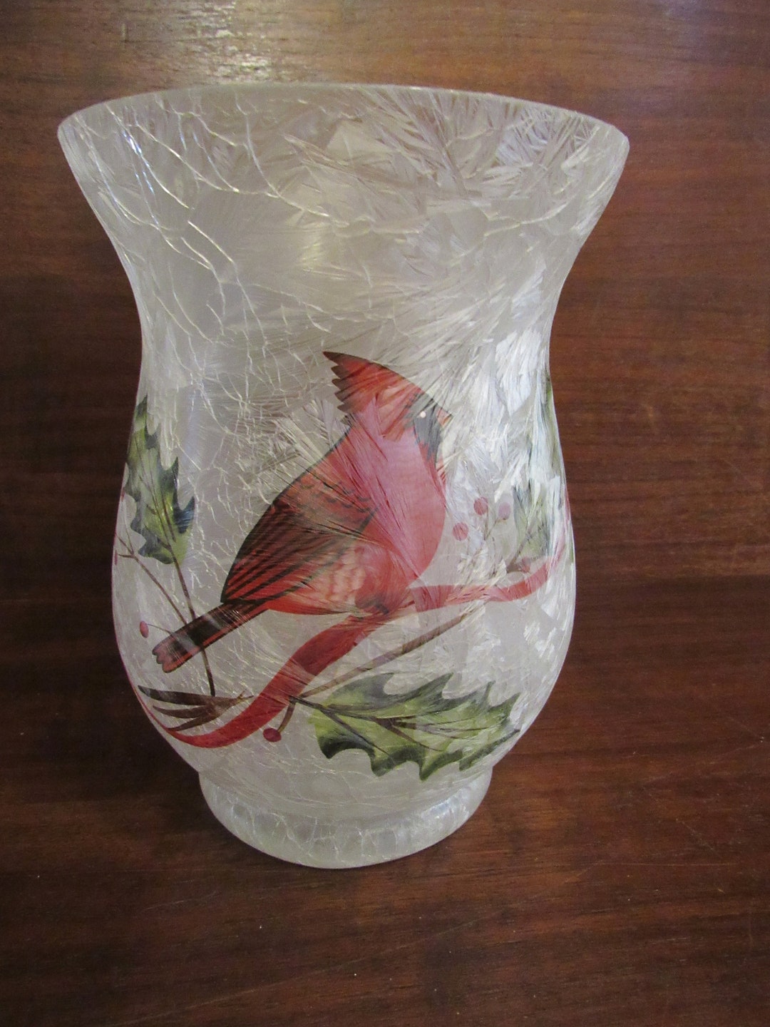 Northern Lights Large Crackle Glass Cardinal Vase With LED Lights, Hand ...