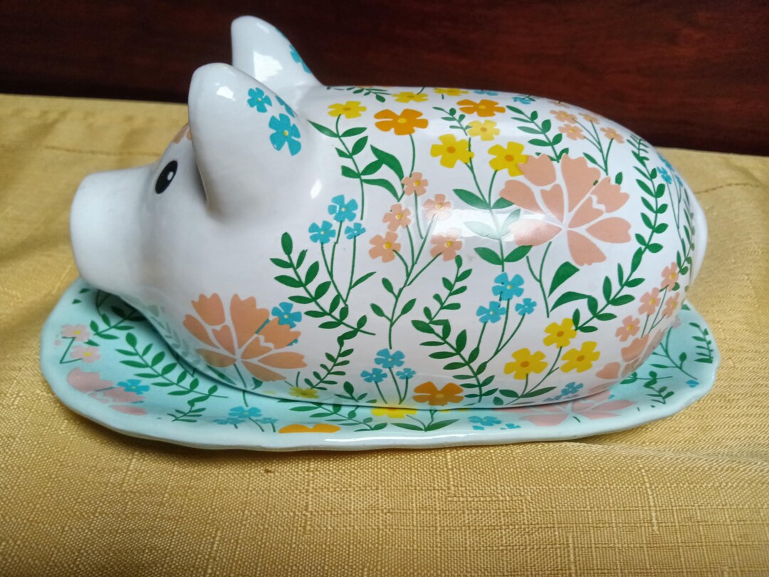 Pig Ceramic Covered Butter Dish , Floral Design With Blue Base ...