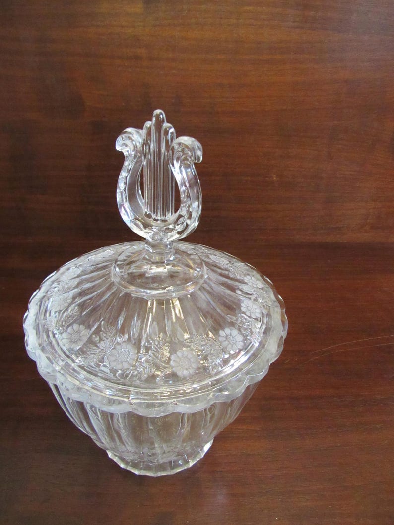 Glass Candy Dish With Harp Finial, Ribbed and Etched, Cut Lid and Base ...