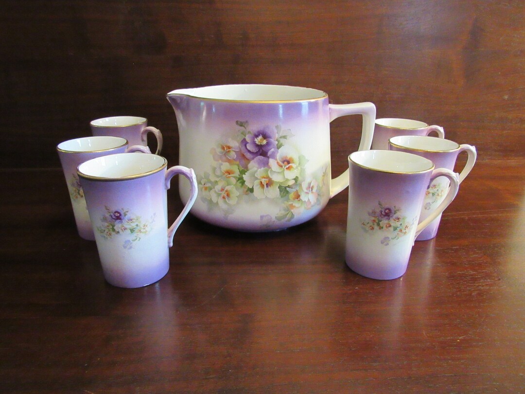 1920's Lemonade Cider Pitcher With 6 Matching Cups, Floral Pitcher and ...