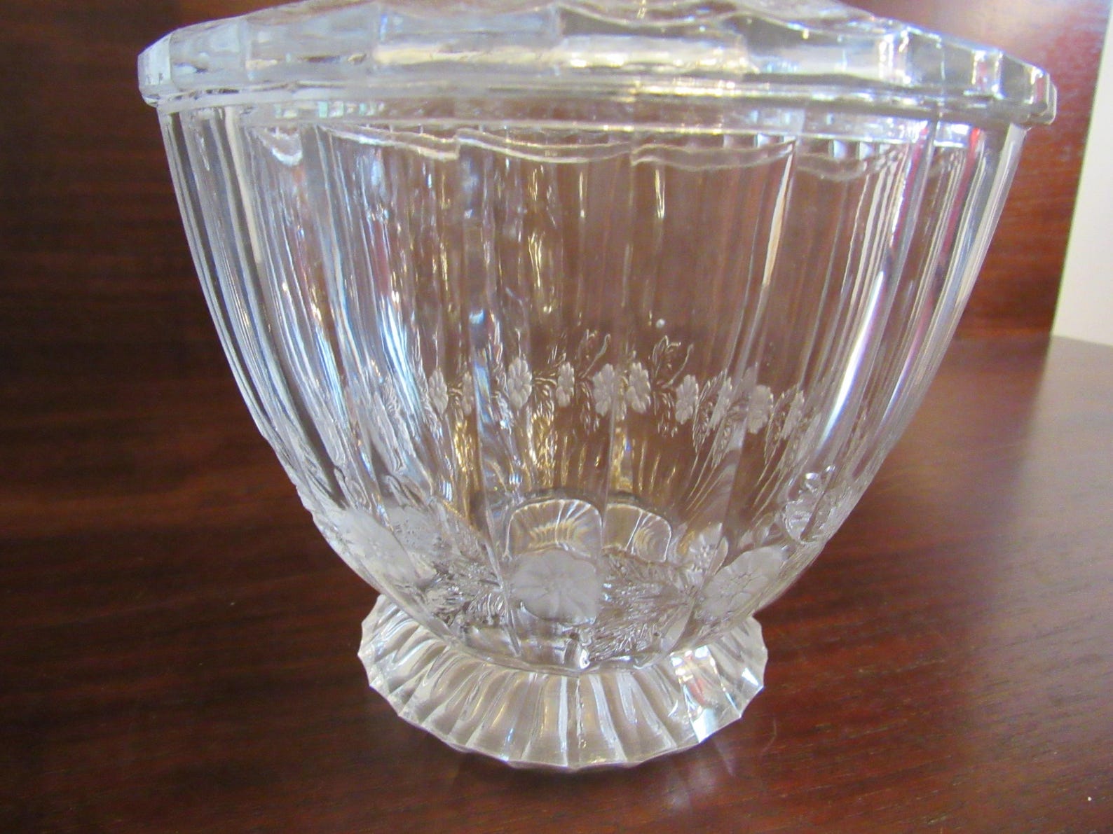 Glass Candy Dish With Harp Finial, Ribbed and Etched, Cut Lid and Base ...