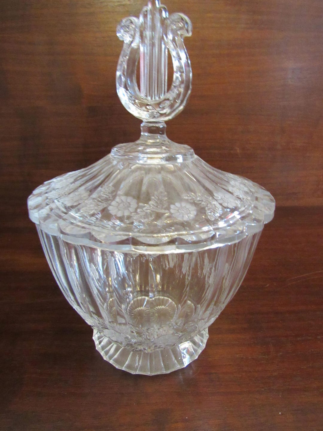 Glass Candy Dish With Harp Finial, Ribbed and Etched and Cut Lid and ...