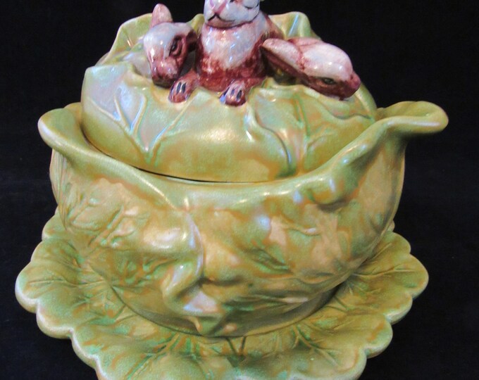 Ceramic Bunnies in Cabbage Serving Dish, Holland Mold, Cabbage Dish ...