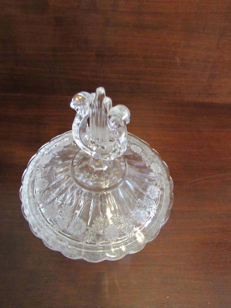 Glass Candy Dish With Harp Finial, Ribbed and Etched, Cut Lid and Base ...