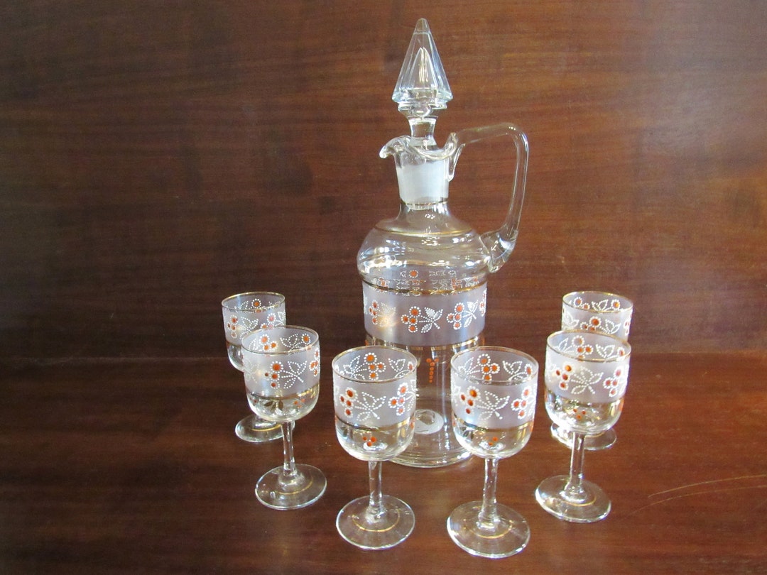 Hand Blown and Hand Painted Decanter With Stopper and 6 Glasses, Wine ...